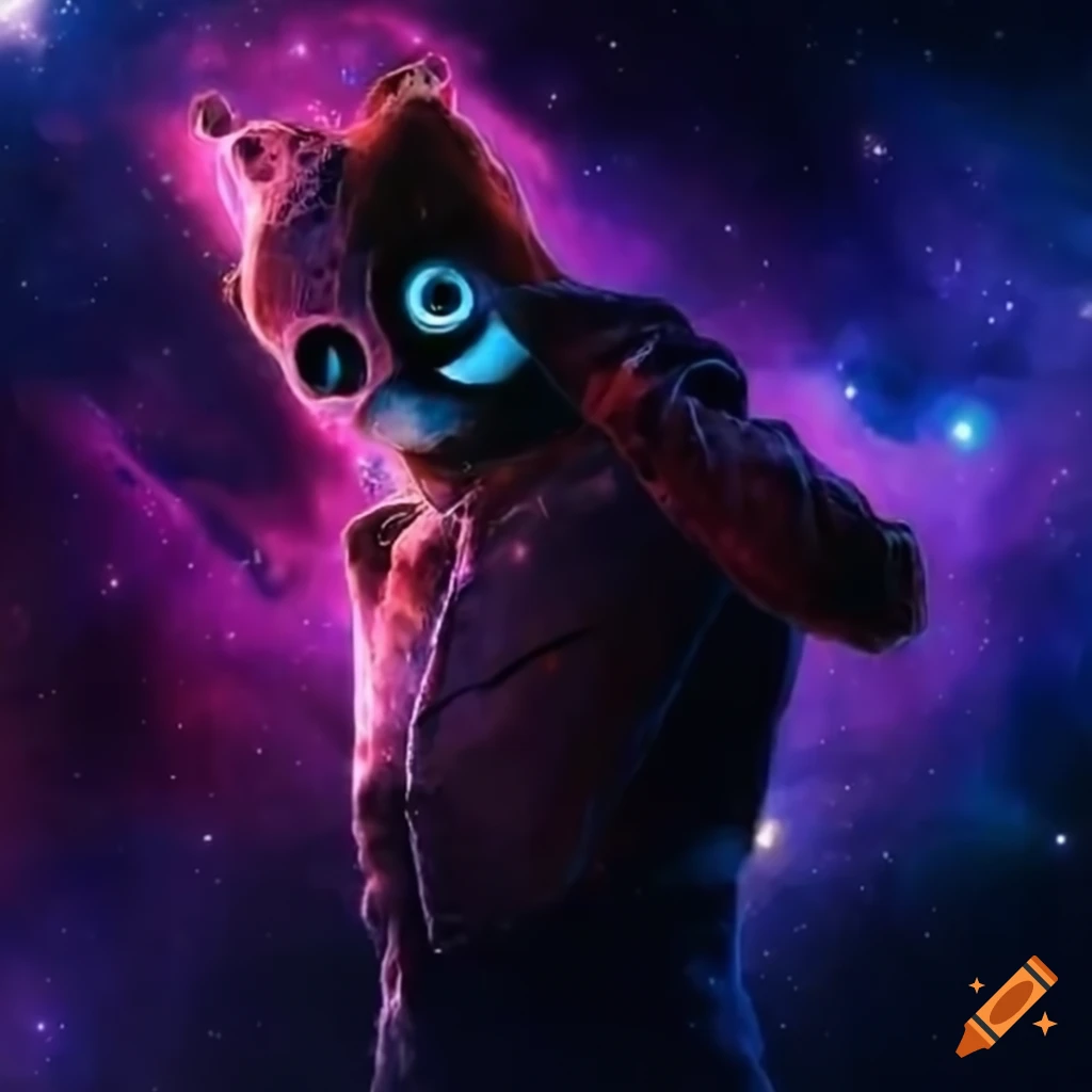 Artistic depiction of a masked male singer in a space nebula