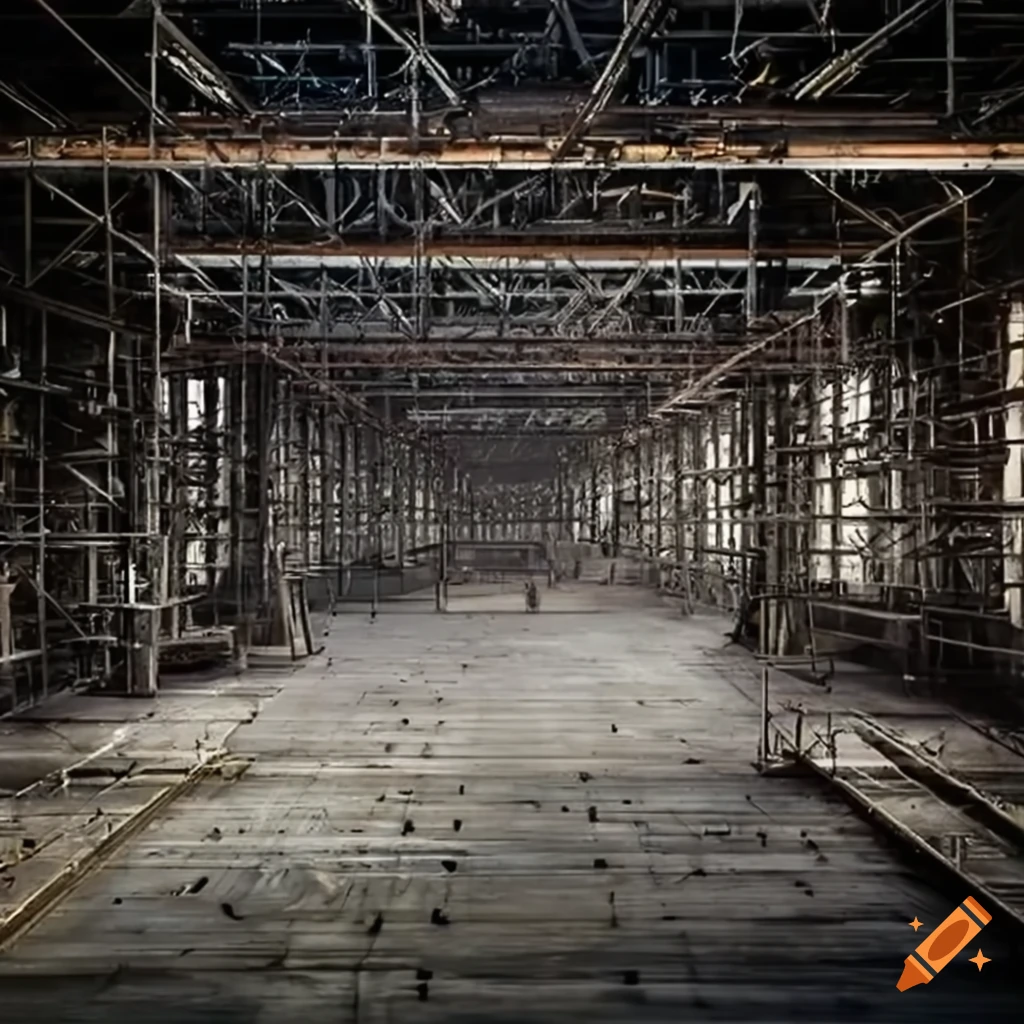 Hyper realistic render of a shipyard hall with scaffolding