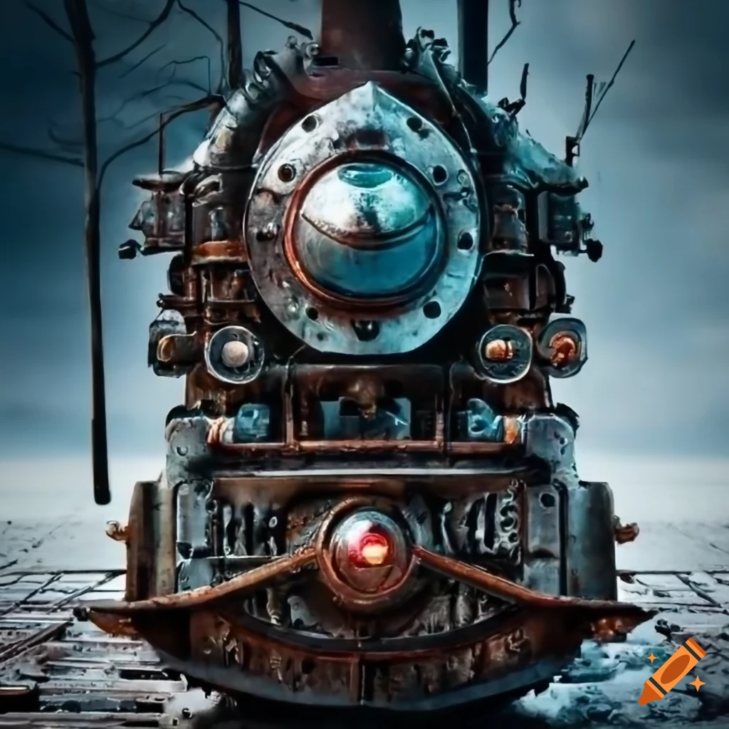 Steam locomotive in snowy mountains during a snow storm at night on Craiyon