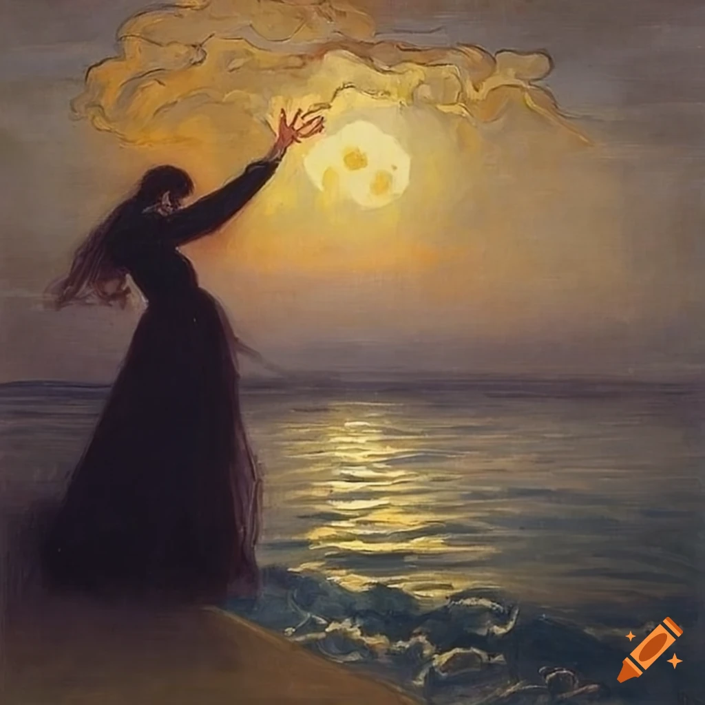 Painting of a desperate girl with flowing hair against a choppy sea on ...