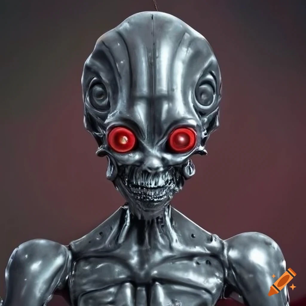 Metallic alien with red eyes in space