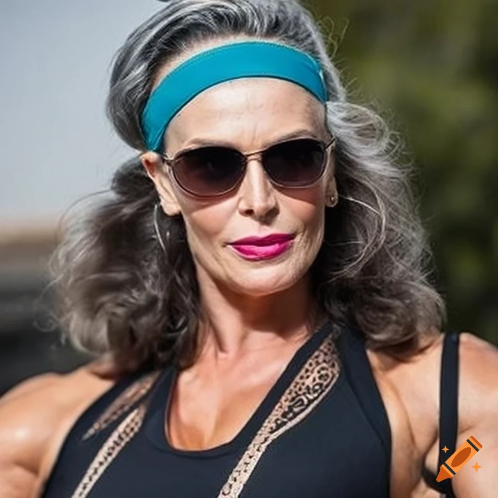 Photorealistic fashion photo of mature muscular woman bodybuilder with ...