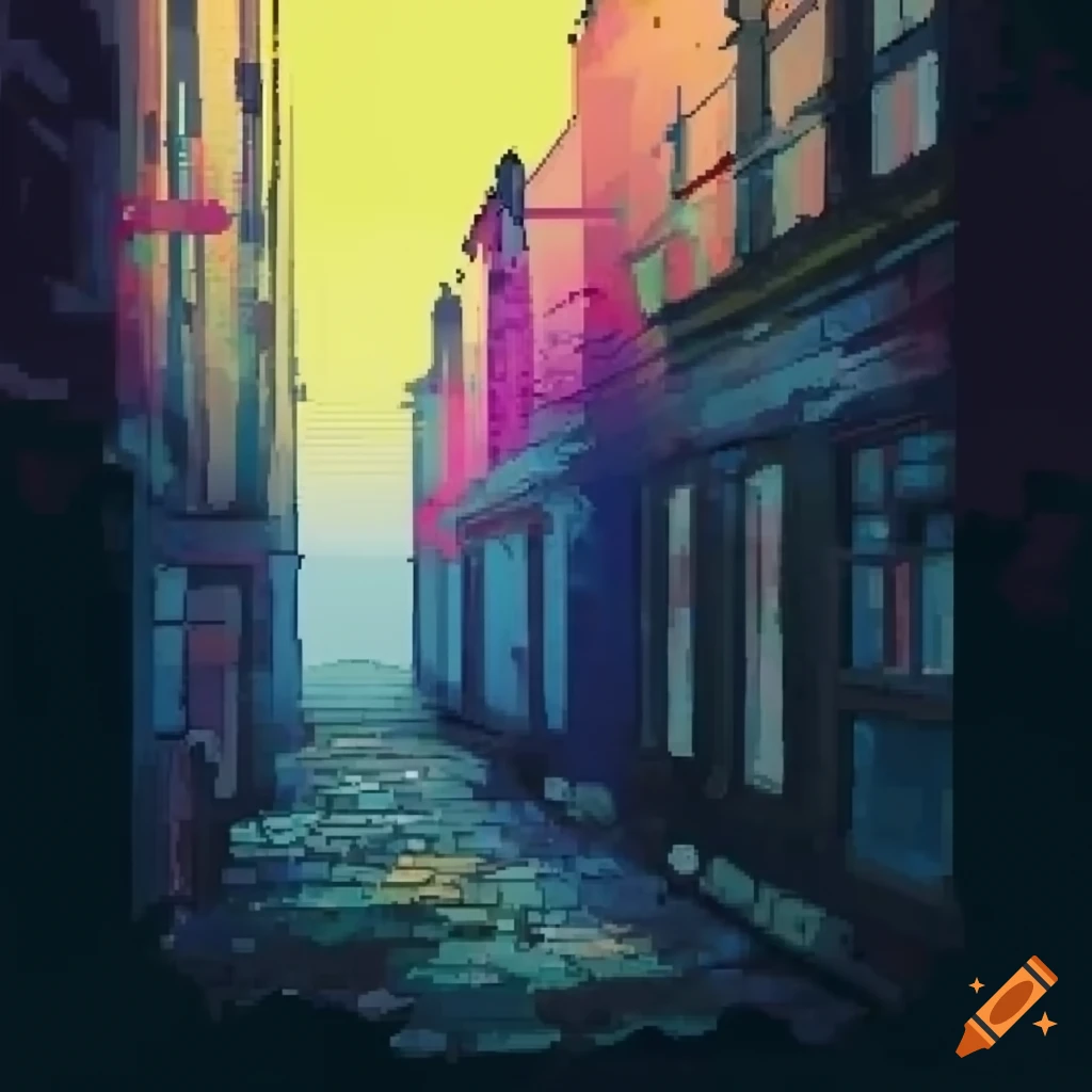 Pixel art of a foggy victorian alleyway on Craiyon