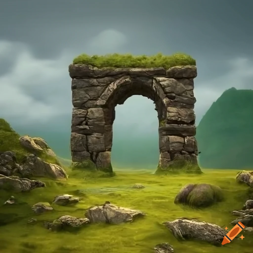 Ancient stone-framed rectangular archway in rocky terrain on Craiyon