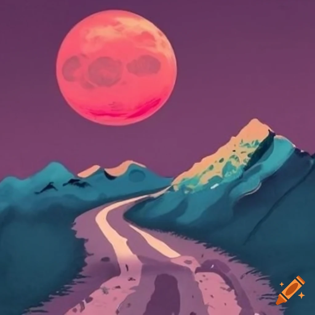 Ink painting of a narrow road leading to high mountains under a red moon