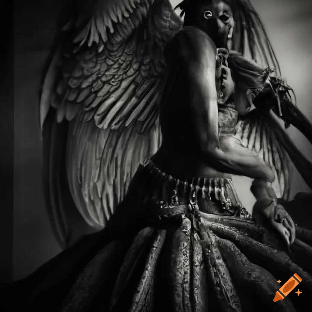 Mythical sphinx with lightning bolt and dagger in flight on an ancient ...