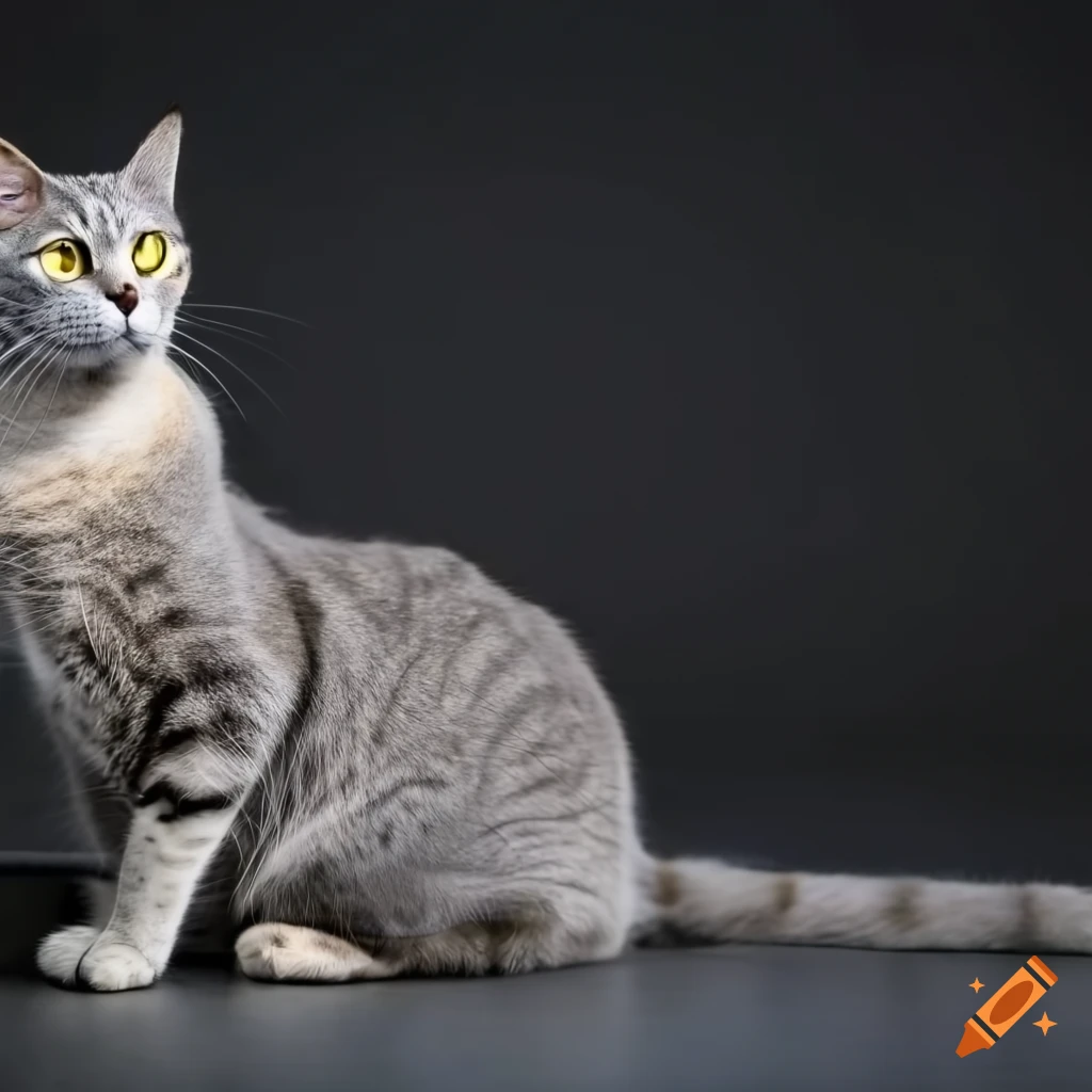 Gray cat standing on hind legs with tail raised on Craiyon