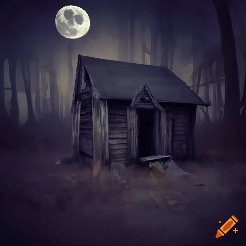 Concept art of a small ruined cabin in the dark woods on Craiyon