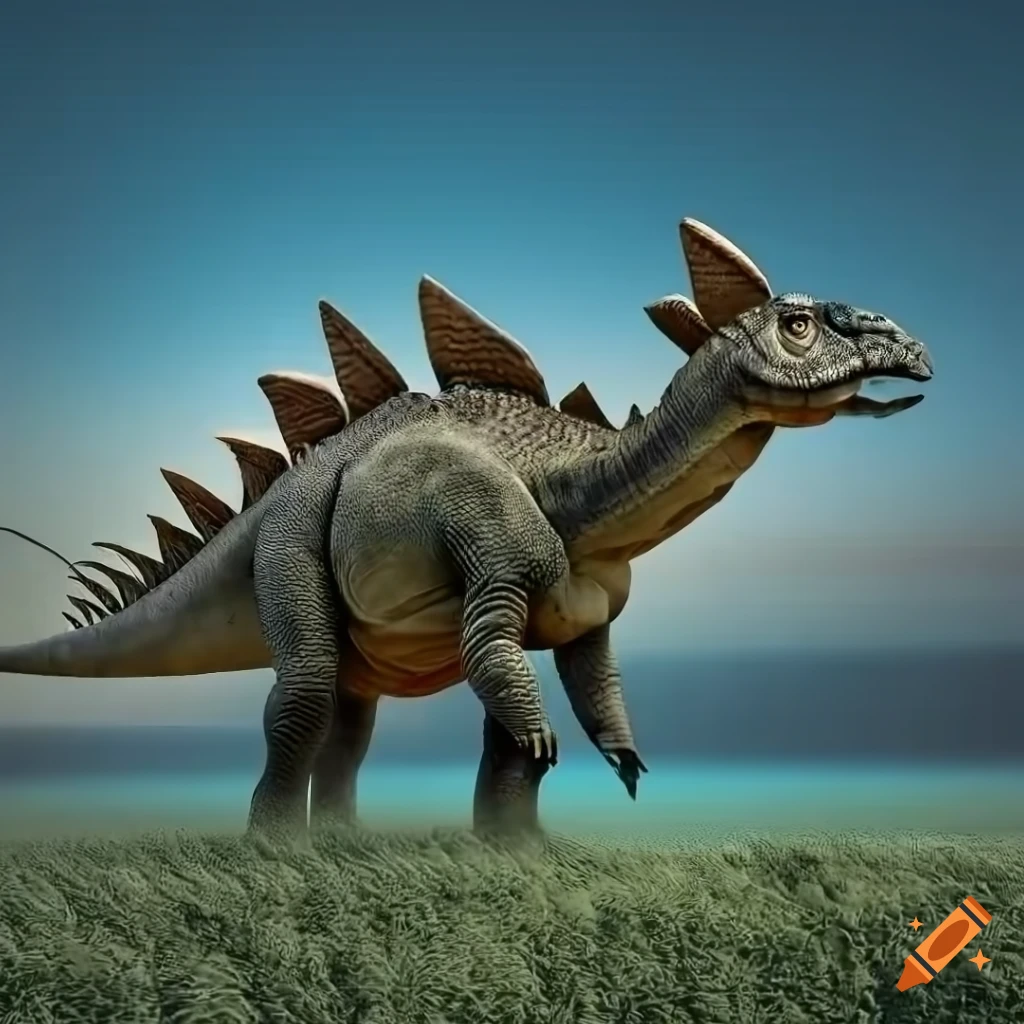 Giant beige stegosaurus in tall wild grass on Craiyon