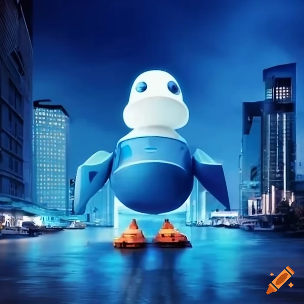 A giant robotic duck walking through a city on Craiyon