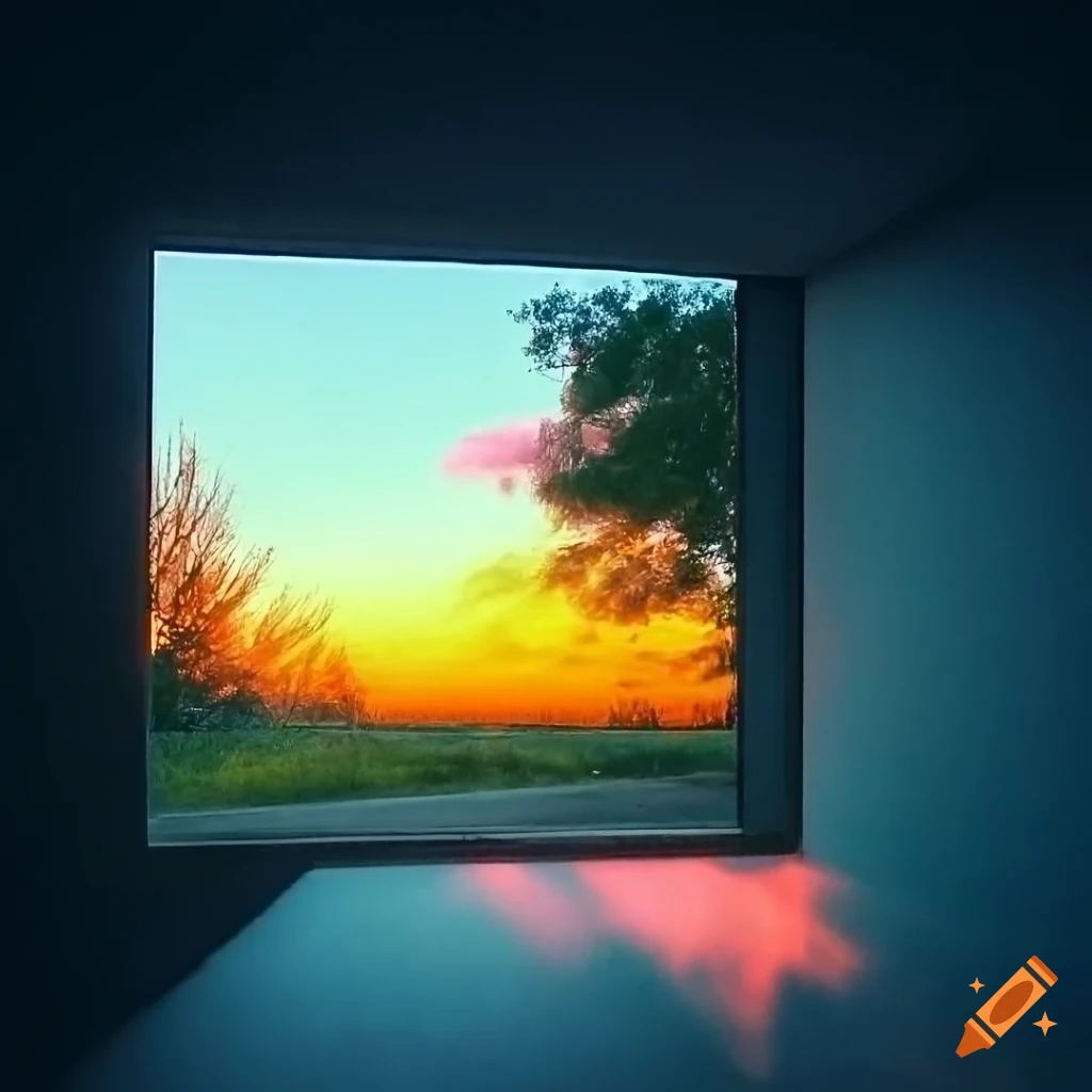 Sunset view through frameless windows of a modern building on Craiyon