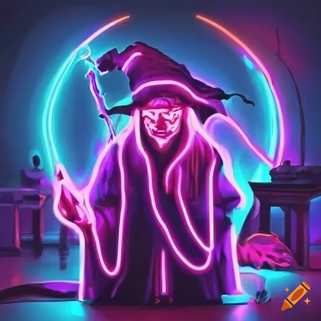 Neon wizard offering a set of magical cards