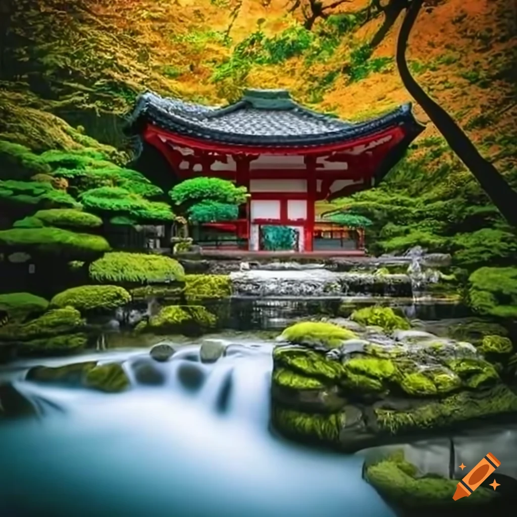 Foto van een prachtige japanse tuin met watervallen en een tempel