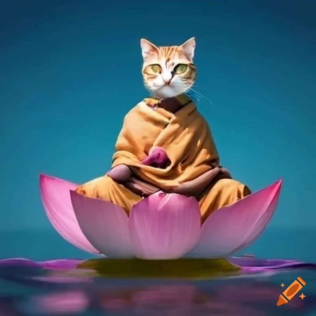 Cat meditating on a lotus flower under a clear blue sky on Craiyon
