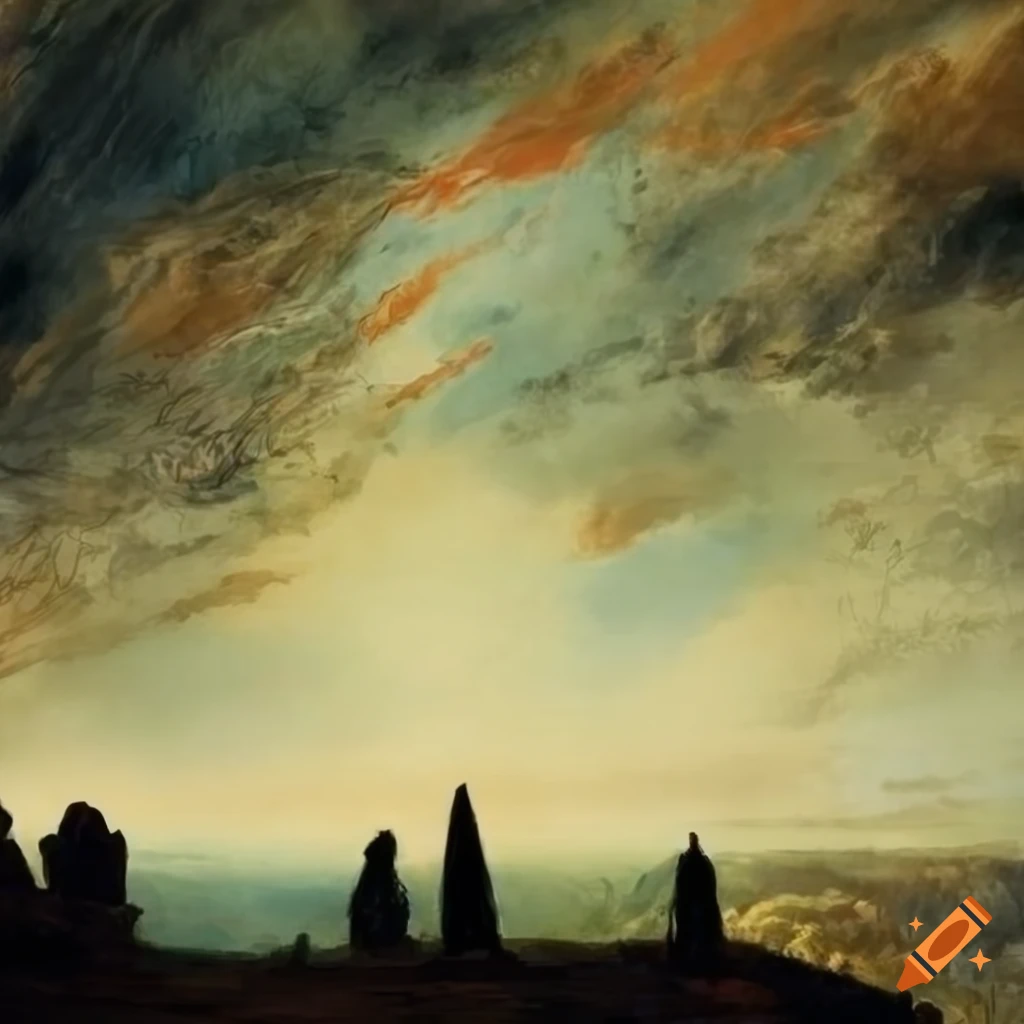 Silhouetted figures on a giant wall overlooking grassland on Craiyon