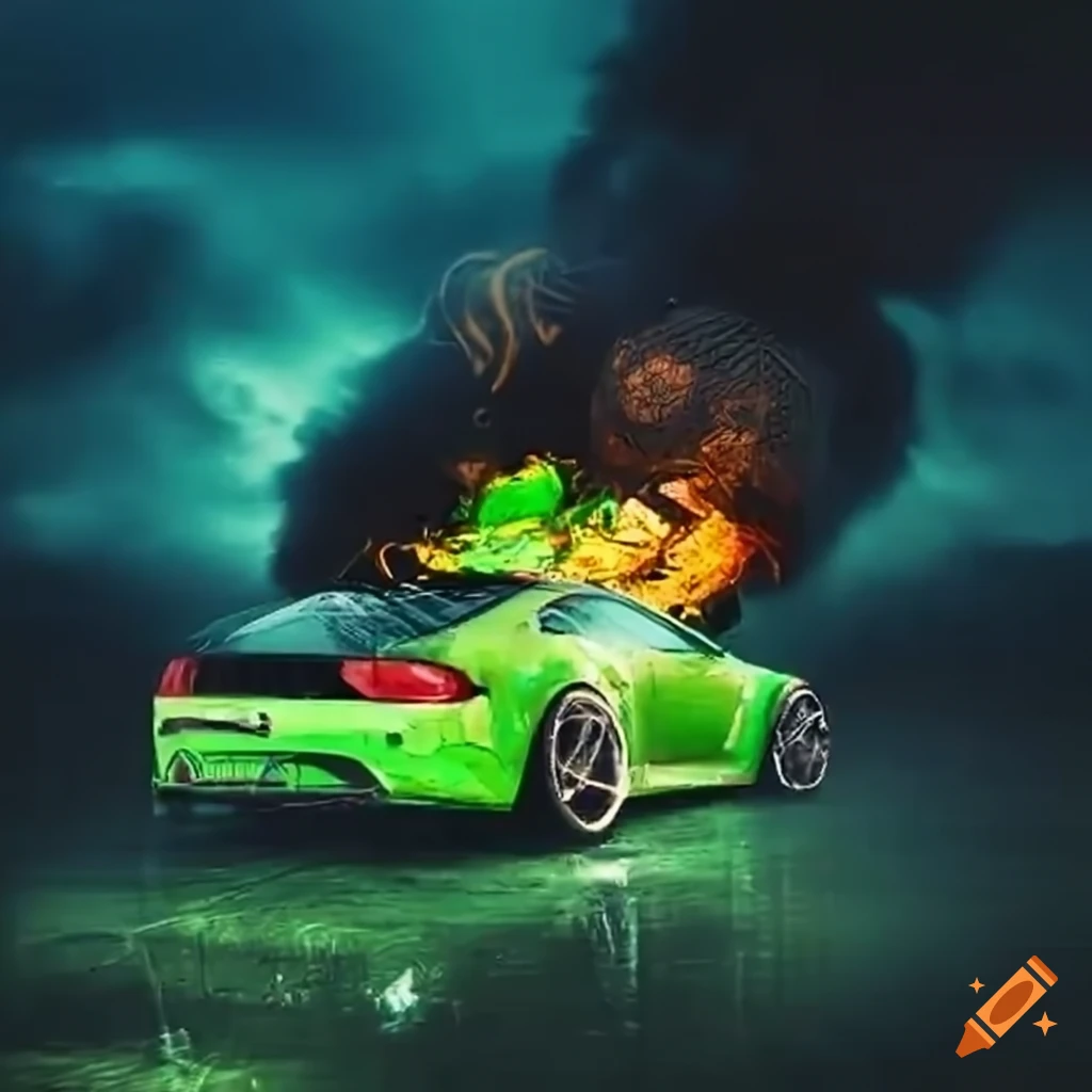 Ps5 motorfest title screen with jumping and exploding cars on Craiyon