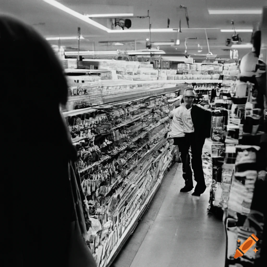Satirical scene inspired by the film 1984 in a supermarket