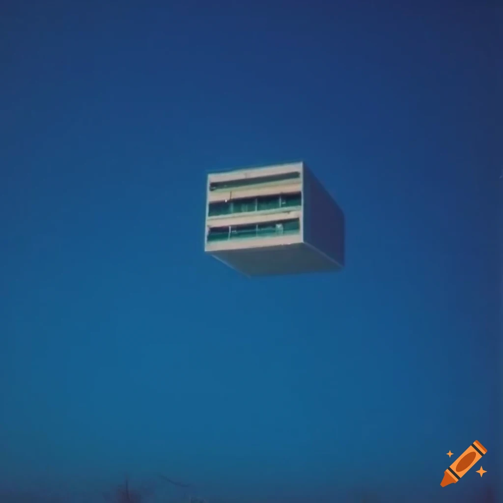 Surreal photo of a modernist building floating in the air on Craiyon