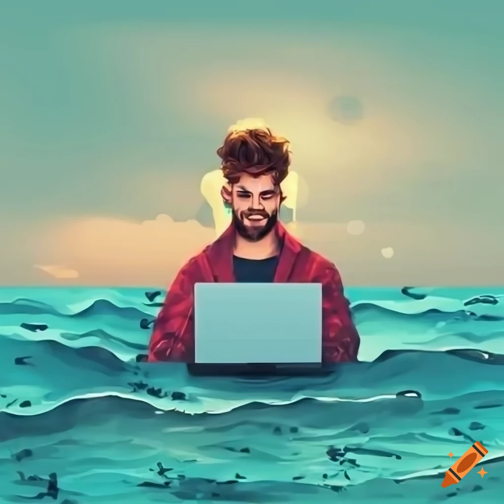 Programmer enjoying holiday working on a laptop by the ocean