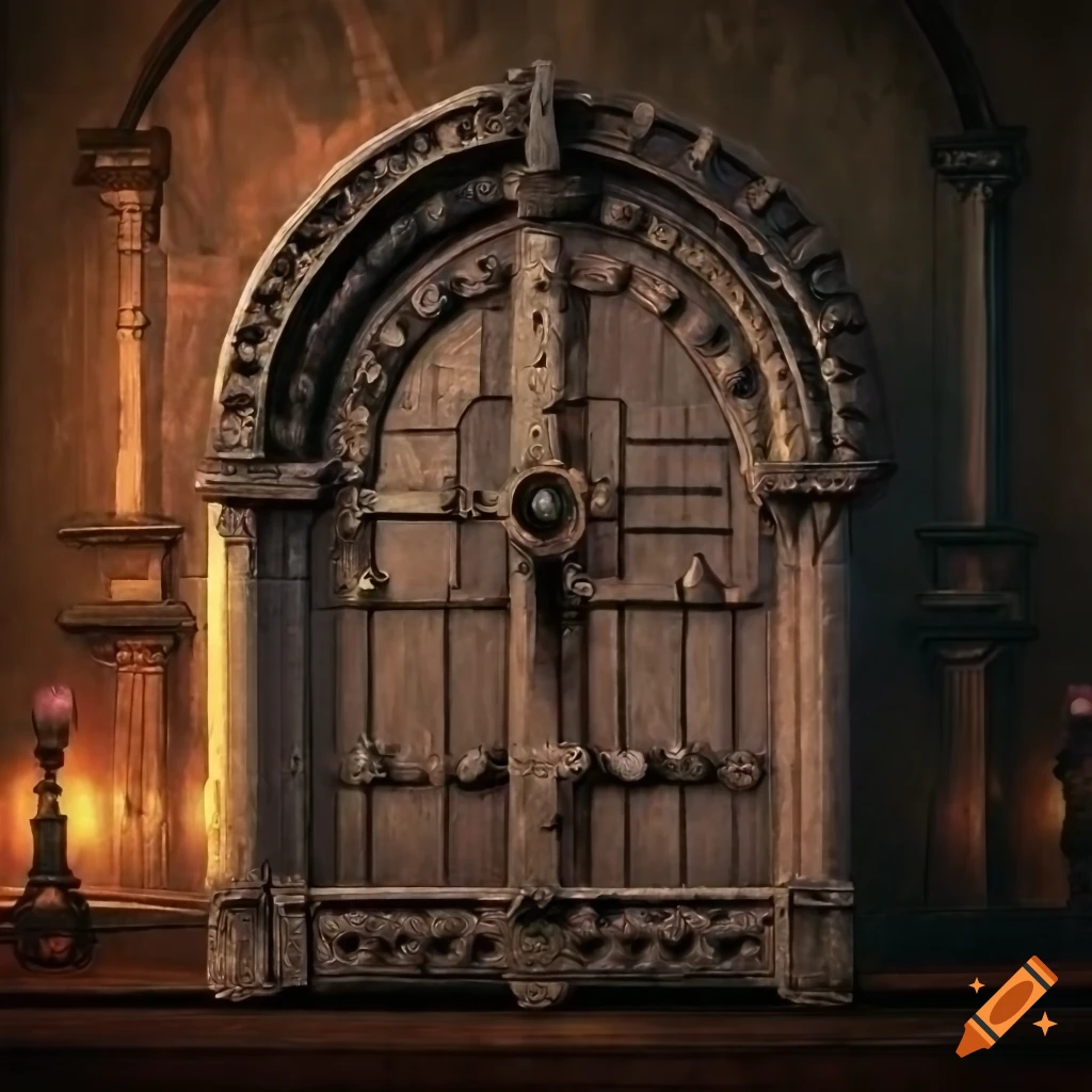 Dimly lit medieval bank vault with an iron door on Craiyon