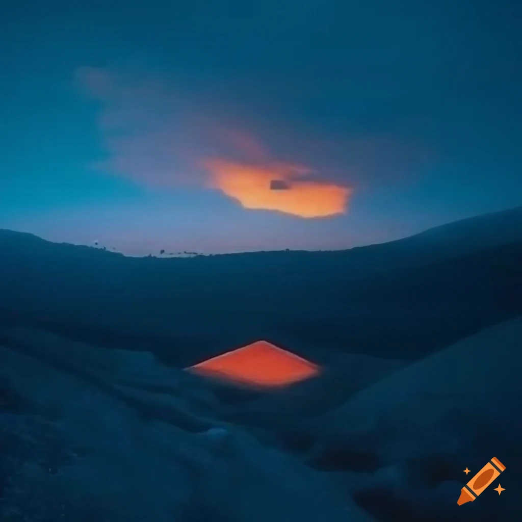 Surreal photograph of flying buildings at sunset