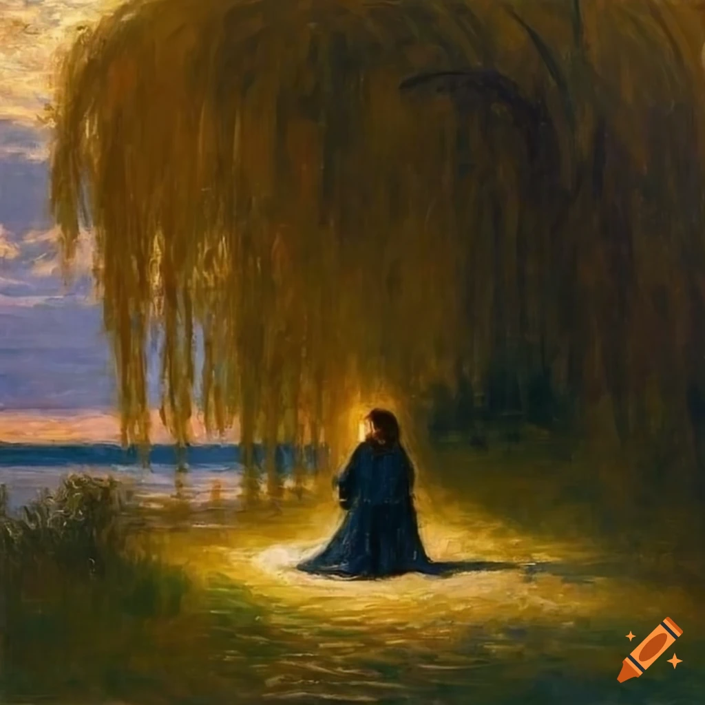 Nocturnal impressionistic painting of masked people hugging by a lake ...