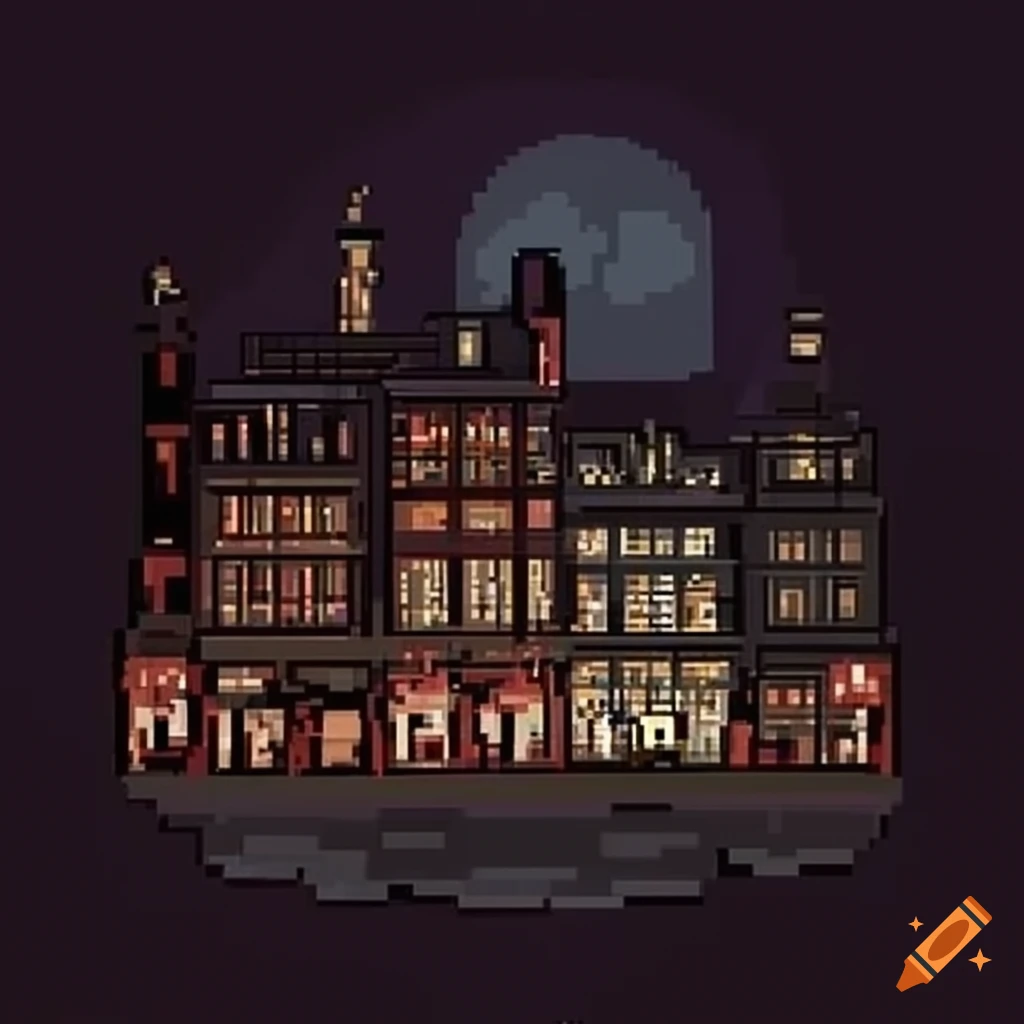 Pixel art of a dark victorian cityscape on Craiyon