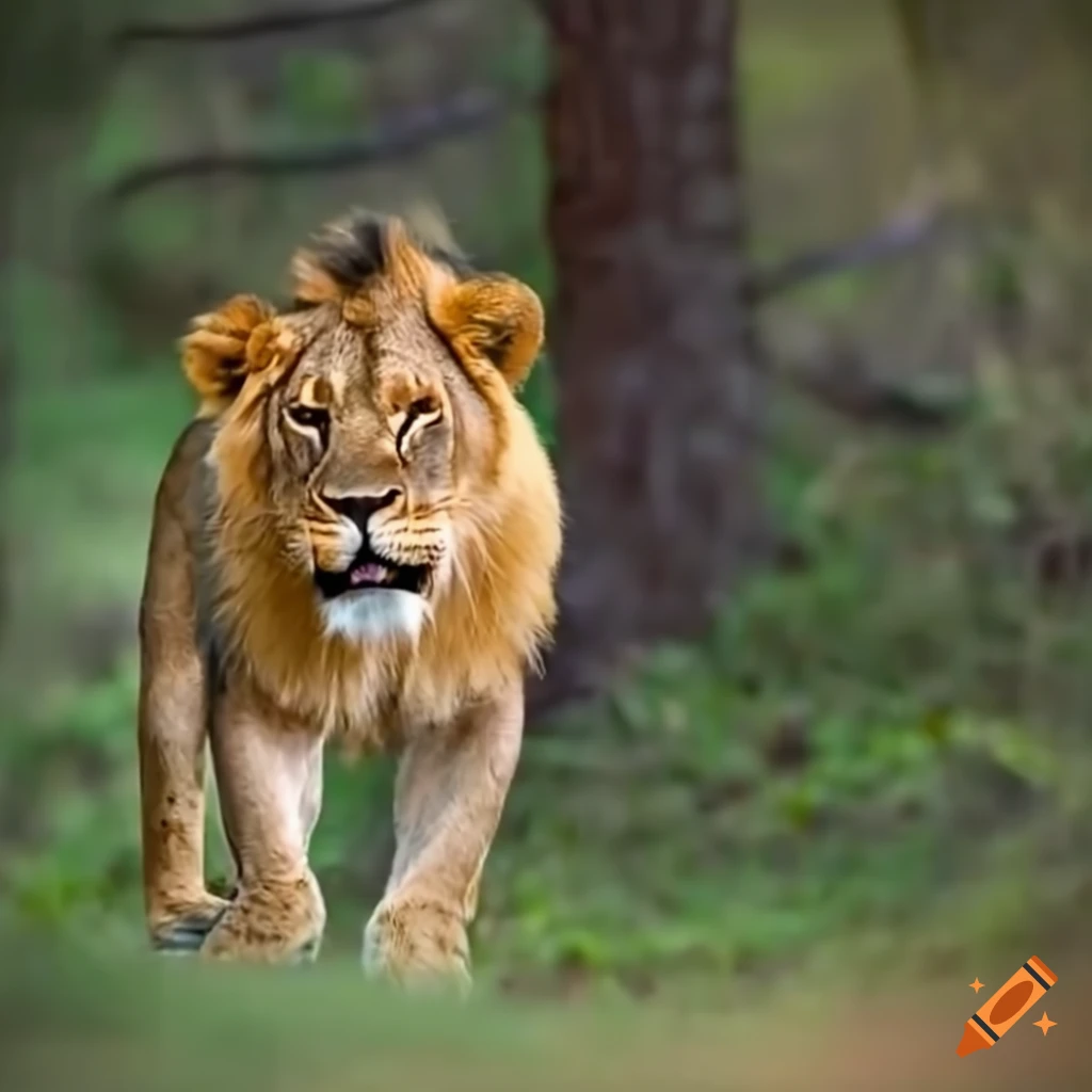 African lion walking in the forest