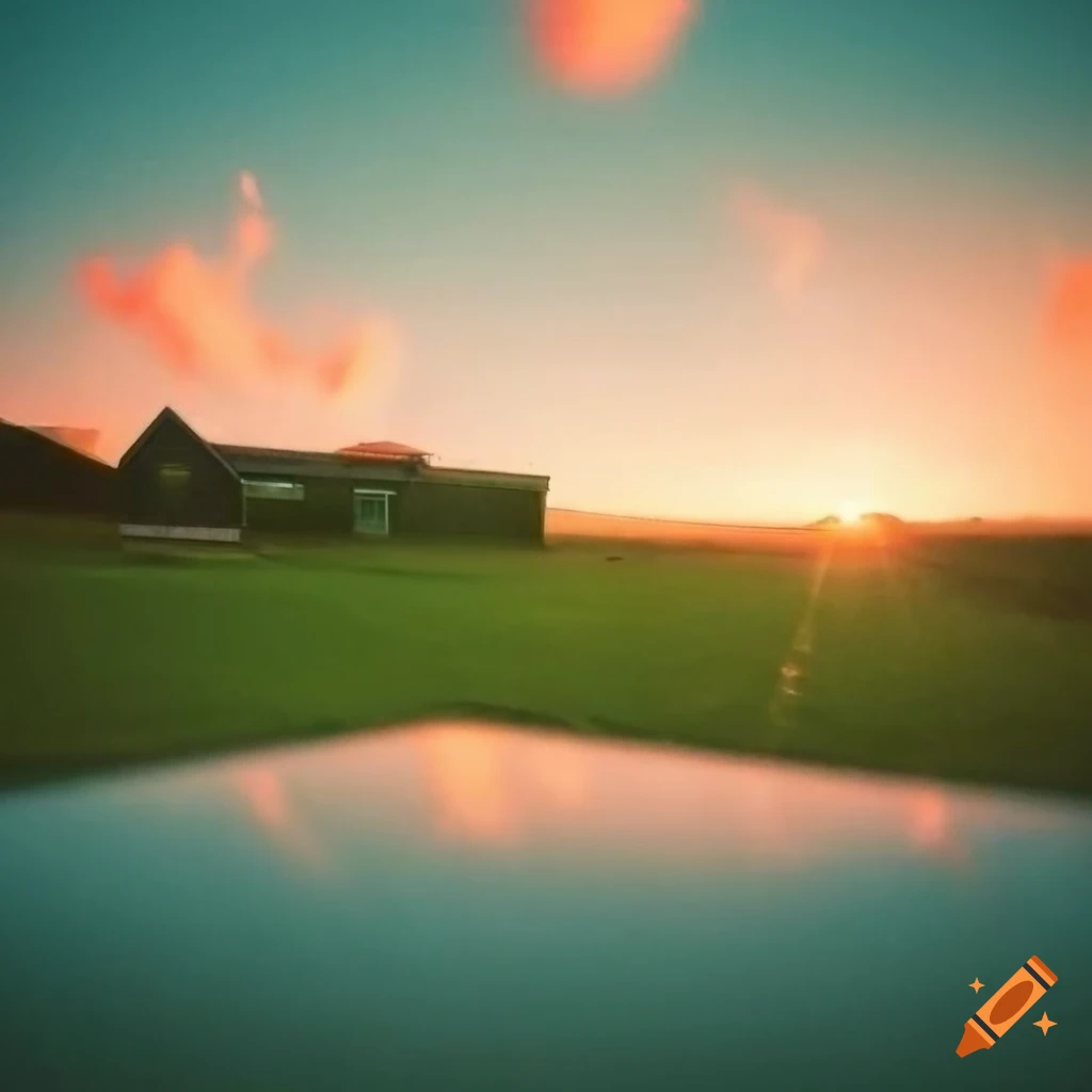 Surreal landscape with floating house during sunset