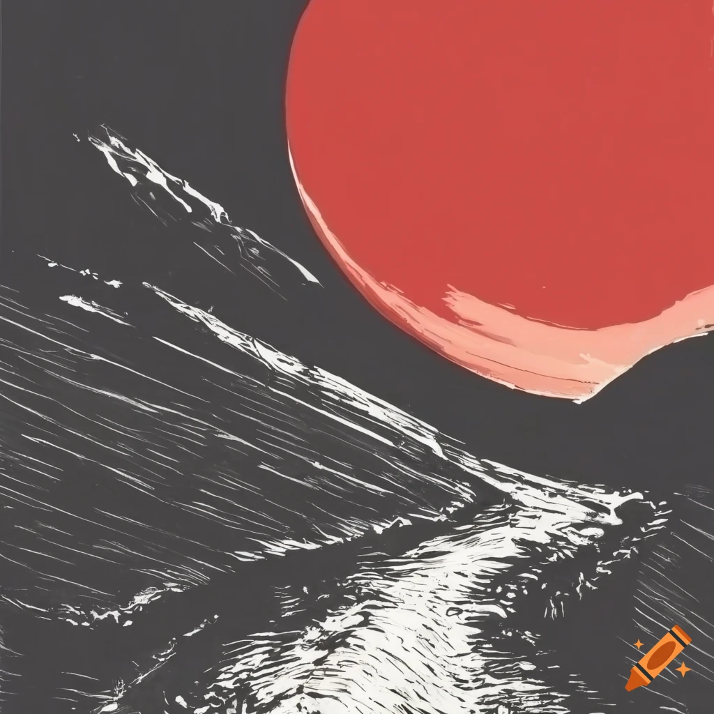 Ink painting of a road leading to mountains under a red moon