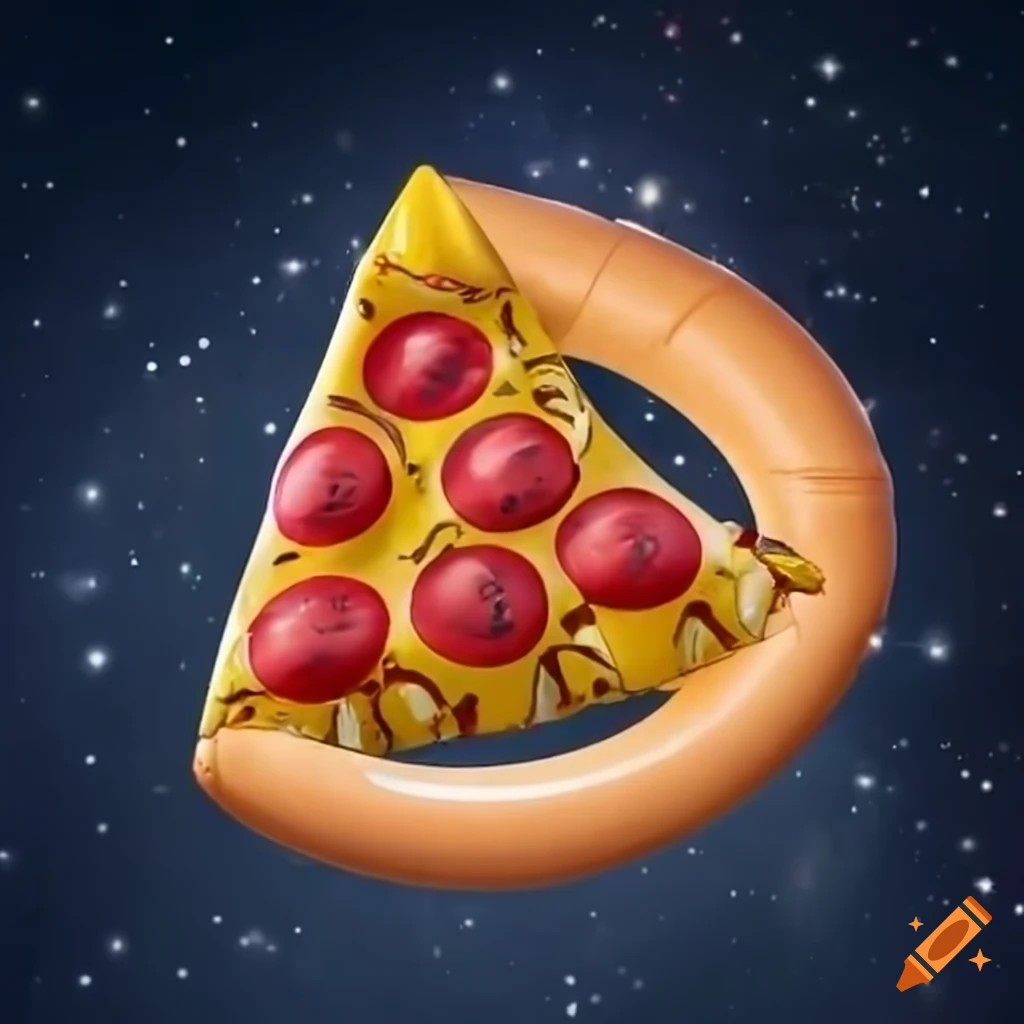 Pizza floating in space on an inflatable ring