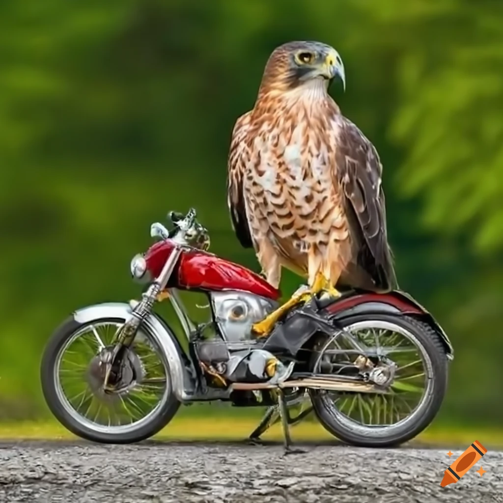 Humorous illustration of an American hawk riding a moped on Craiyon