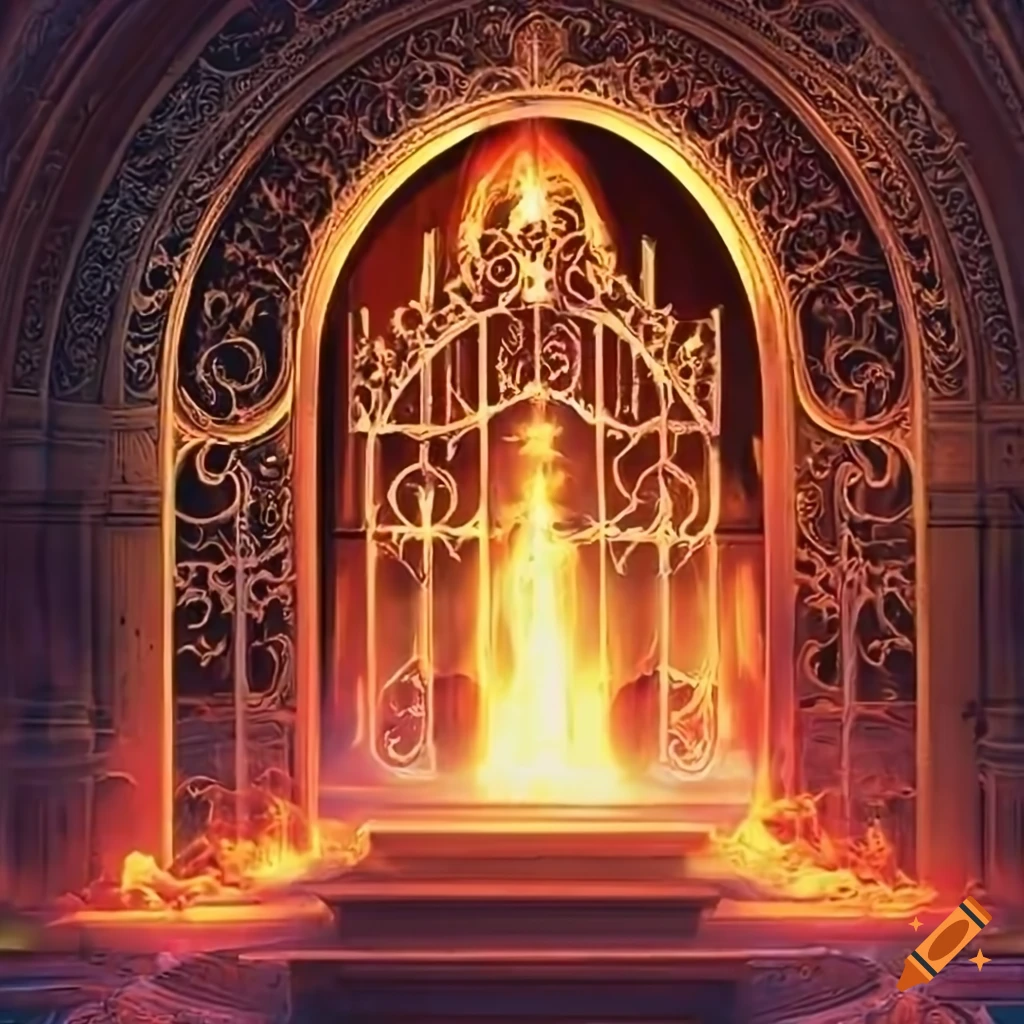 Digital art of heavenly gates with fire on Craiyon