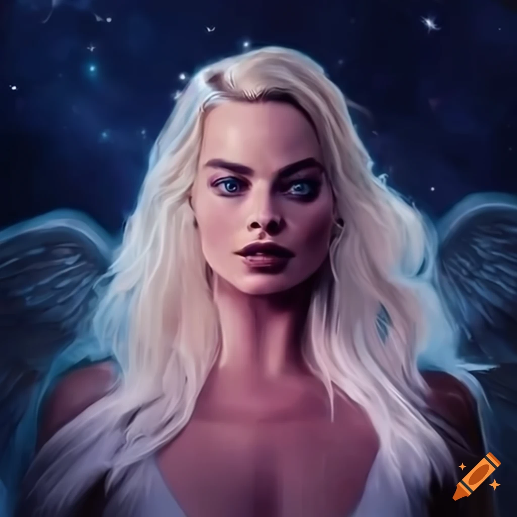 Margot robbie as a celestial angel with white wings on Craiyon