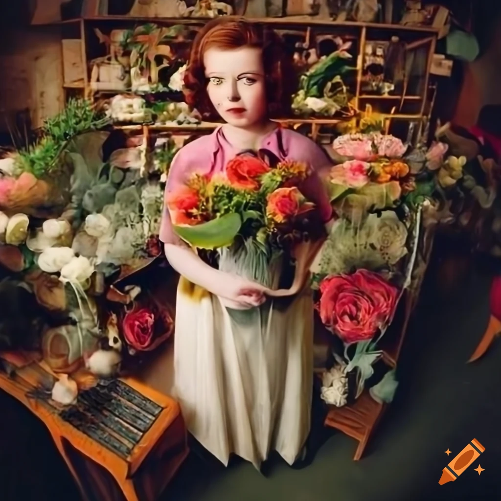Vintage photo of a florist in a flower shop on Craiyon
