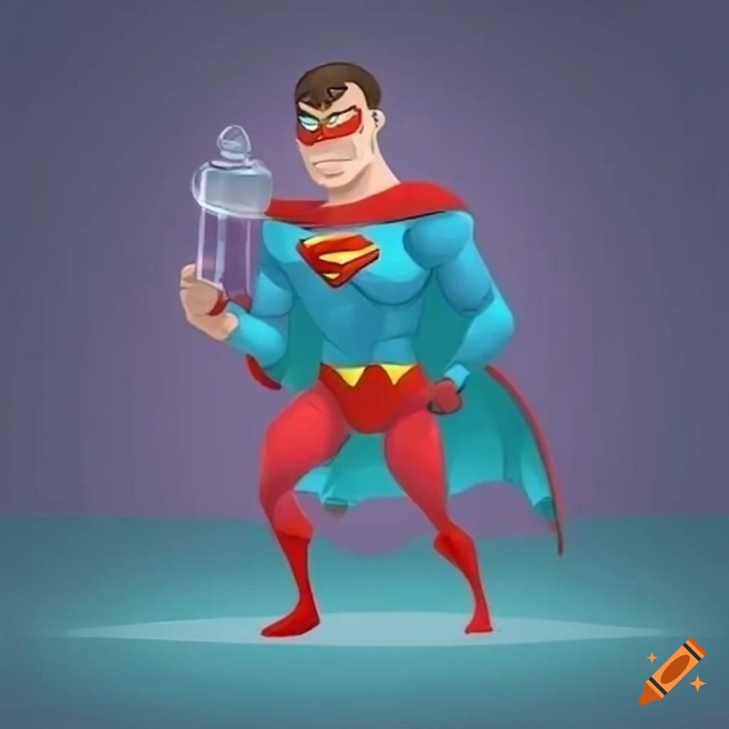 Cartoon superhero promoting hydration with a water bottle on Craiyon