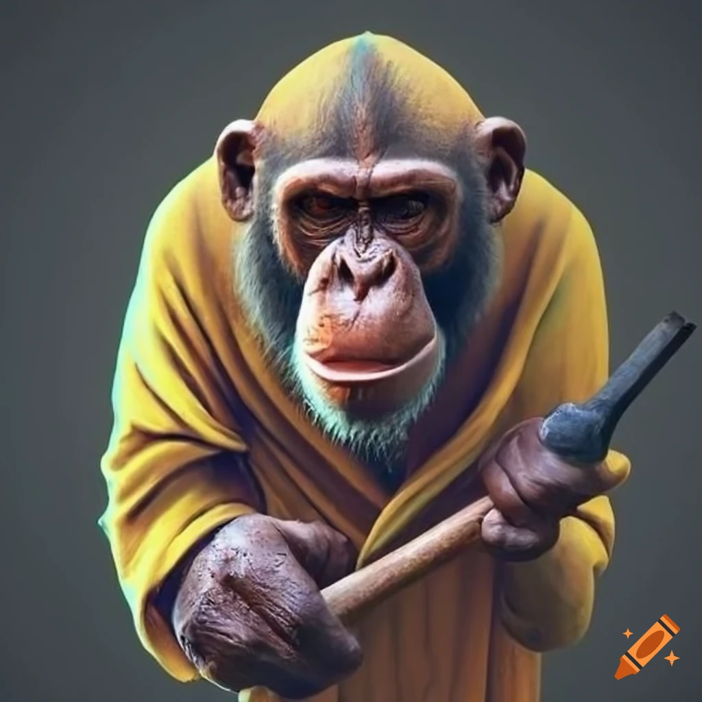 Chimpanzee wearing a yellow robe holding a hammer on Craiyon