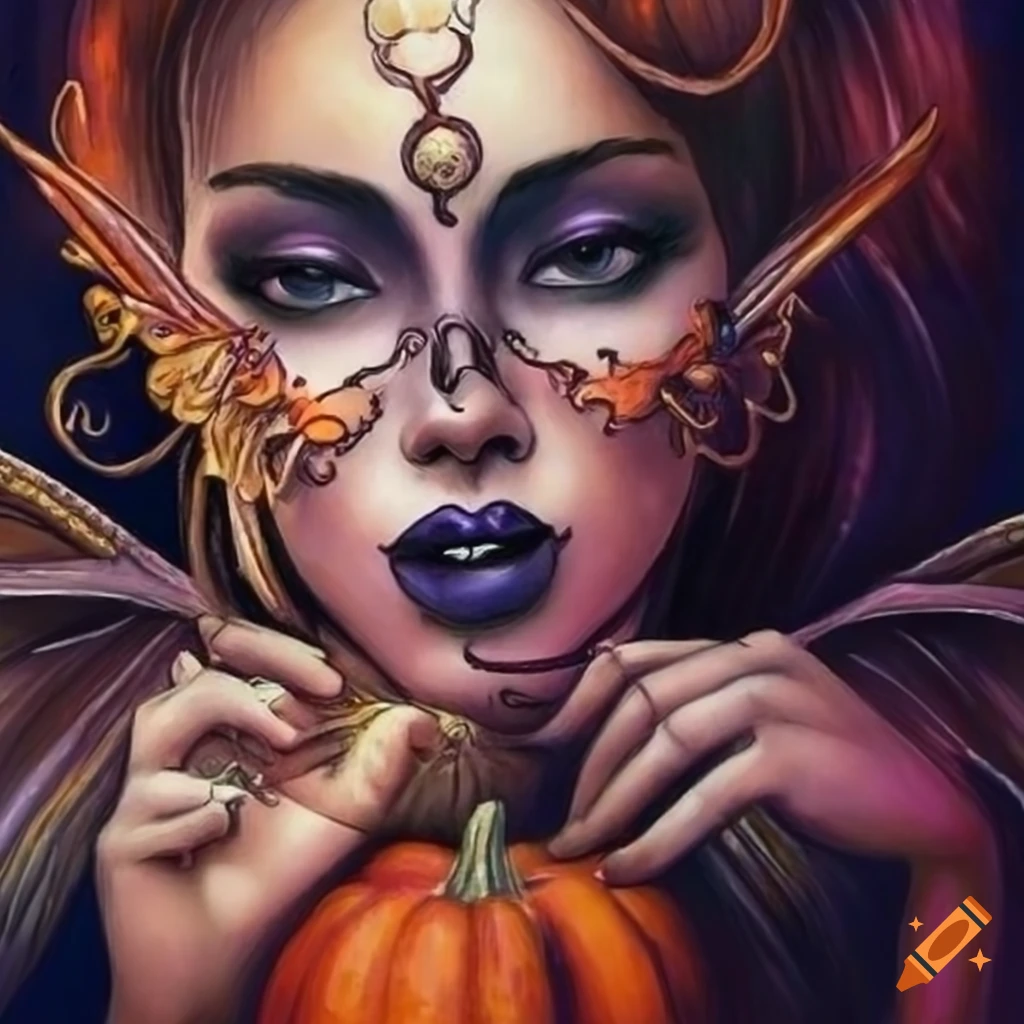Art nouveau style halloween witch with raven and pumpkin on Craiyon