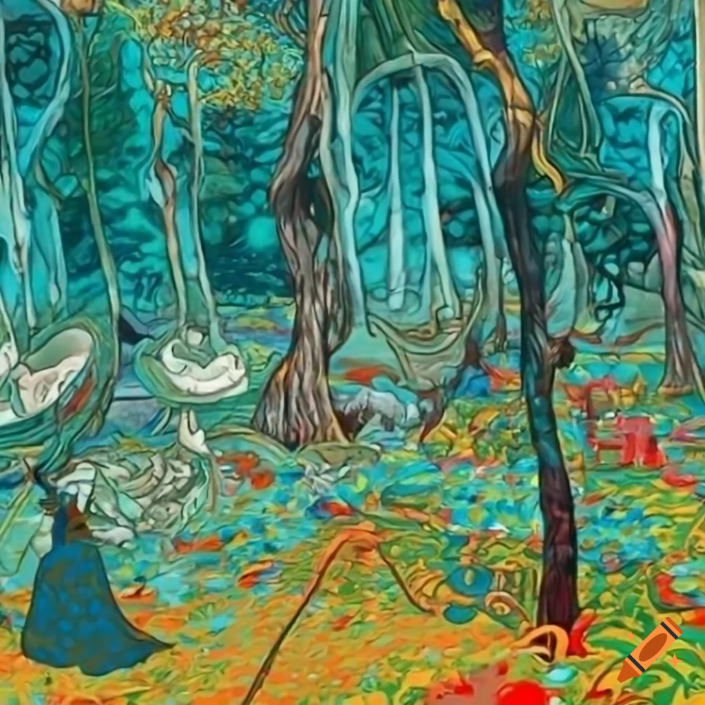 Panorama painting of The Garden of Eden invaded by fantasy creatures ...