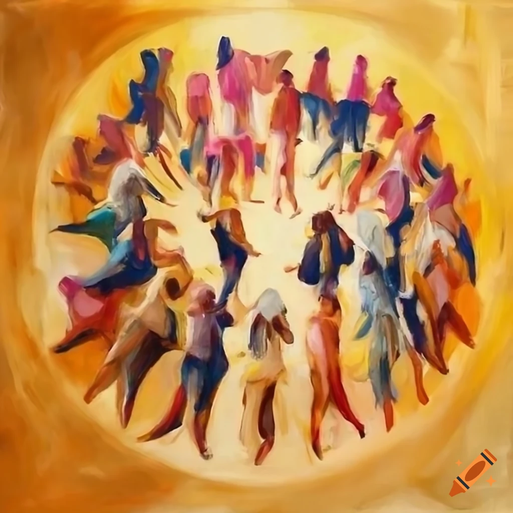Painting of people joyfully dancing in a circle on Craiyon