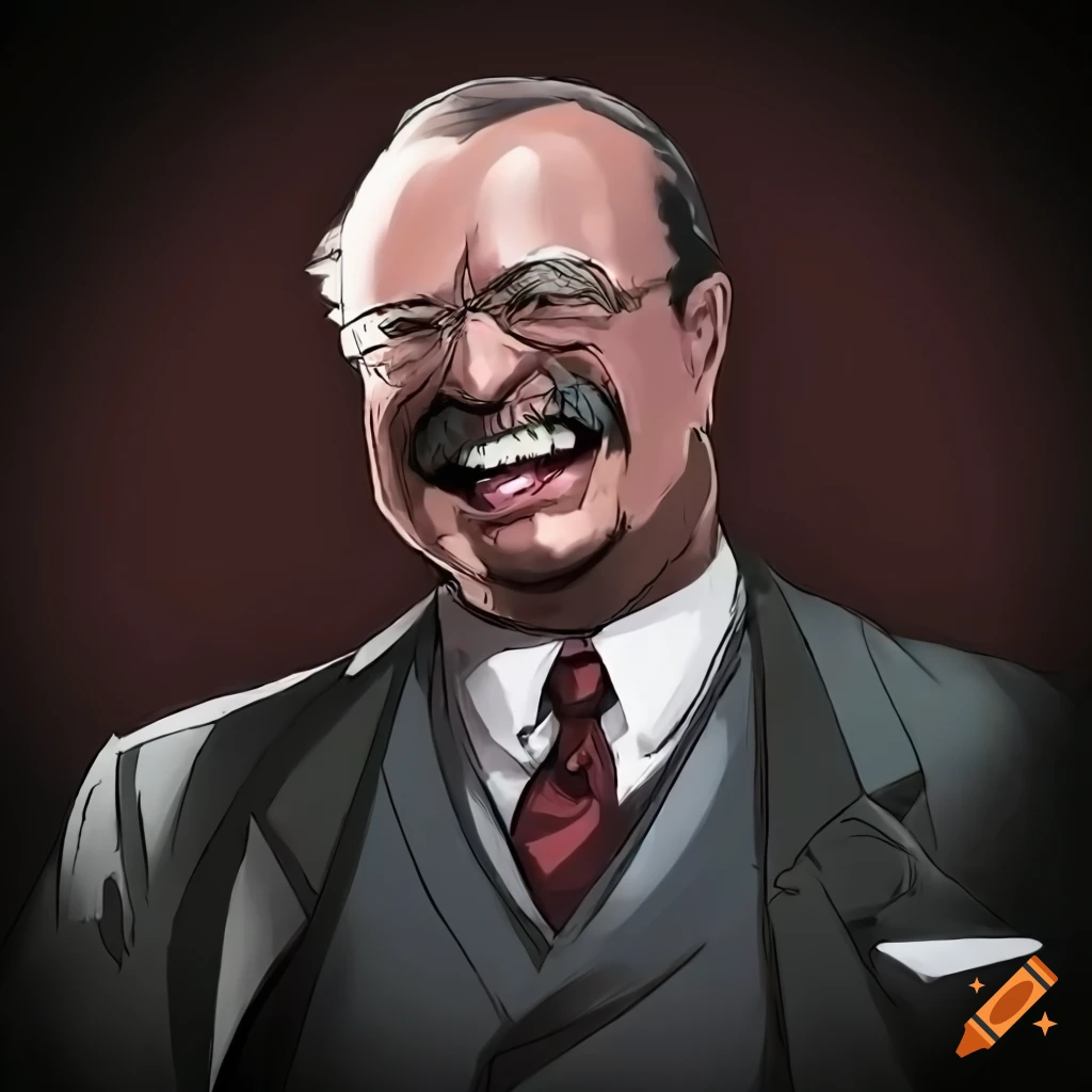 Anime-style depiction of teddy roosevelt as a menacing mafia boss