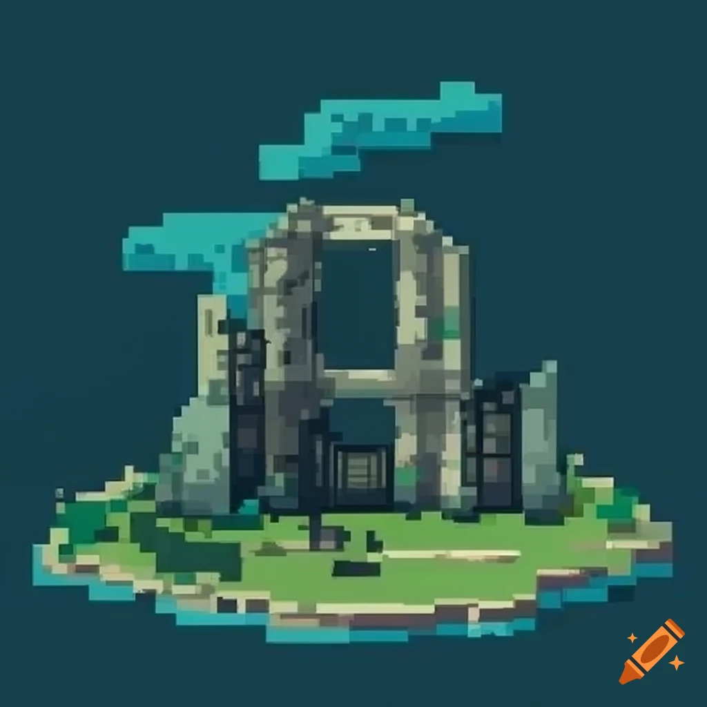 Pixel art of a post-apocalyptic island with ruins