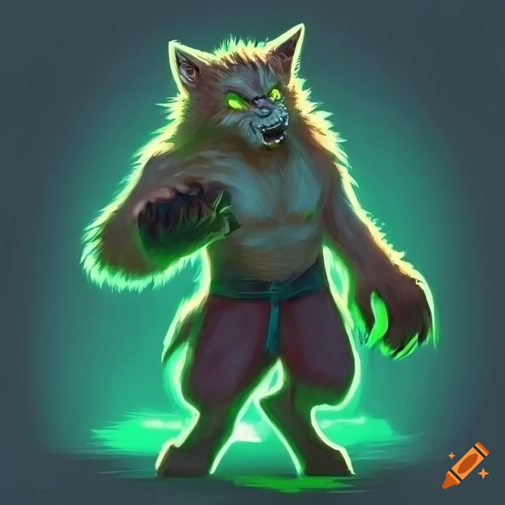 Digital artwork of a realistic werewolf in a neon green-lit environment
