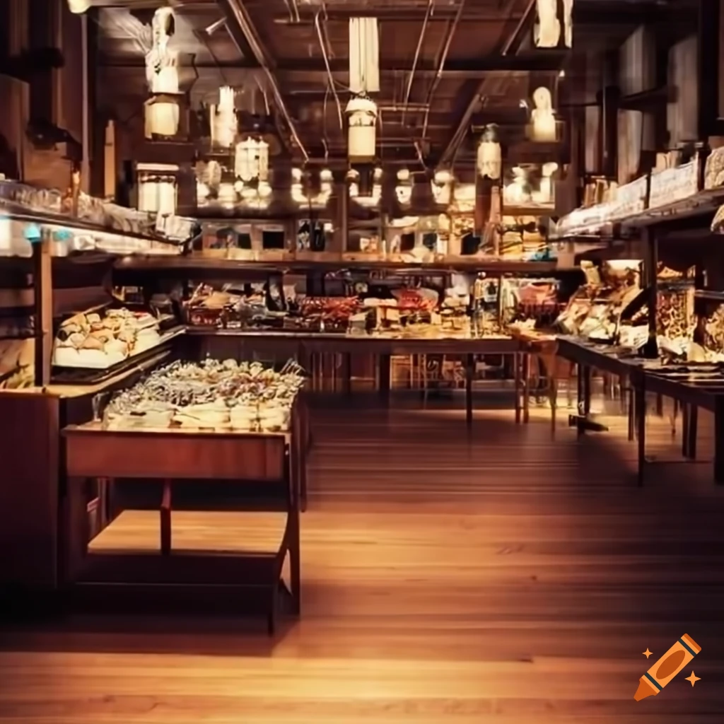 Interior of a food hall with tables and cash register on Craiyon