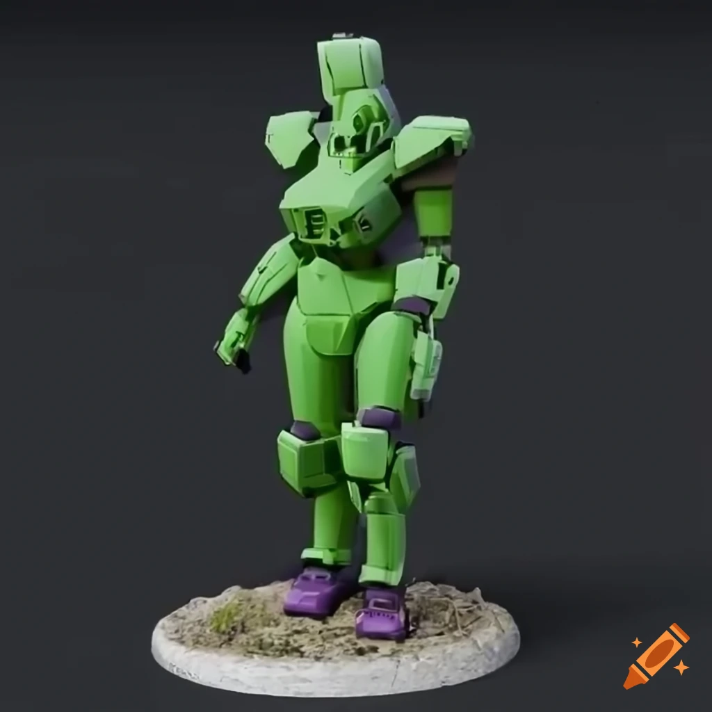 Character design of a green mecha with purple dreadlocks walking ...