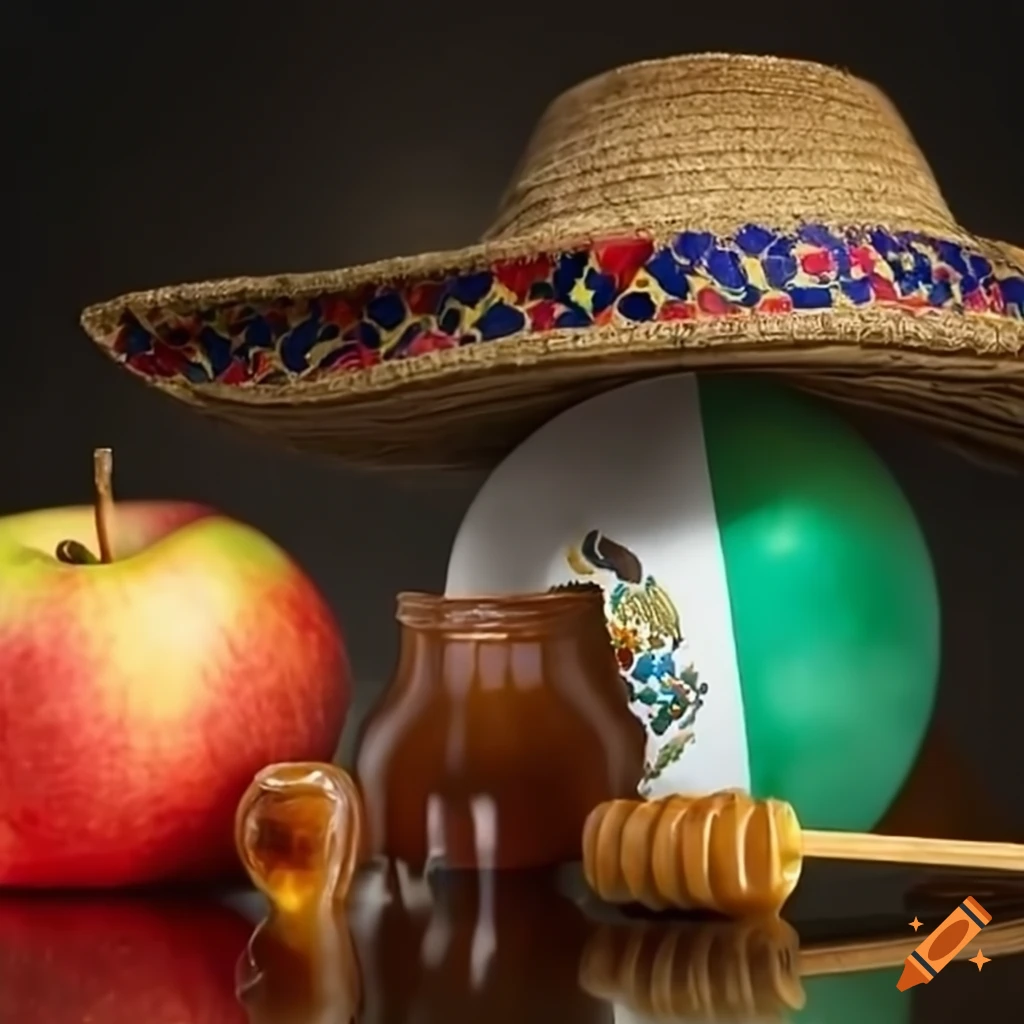 Illustration of an apple with a Mexican hat and a pot of honey with the ...