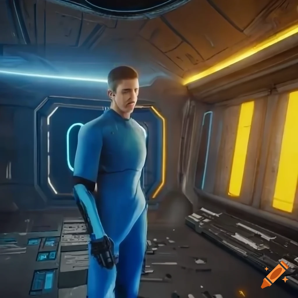 Portrait of a man in a sci-fi spaceship room on Craiyon