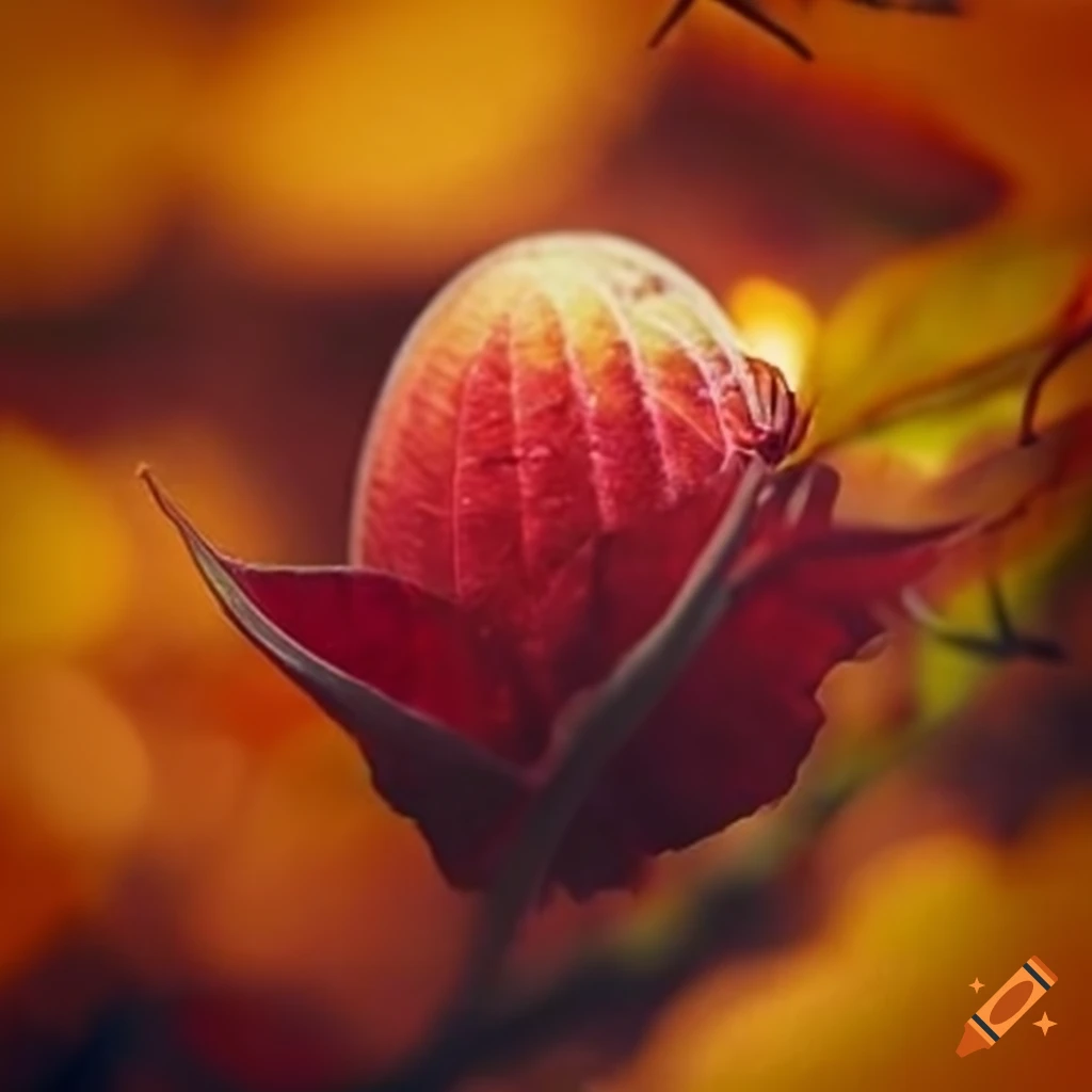 Rococo style painting of red pods and brown leaves rising from foggy ...