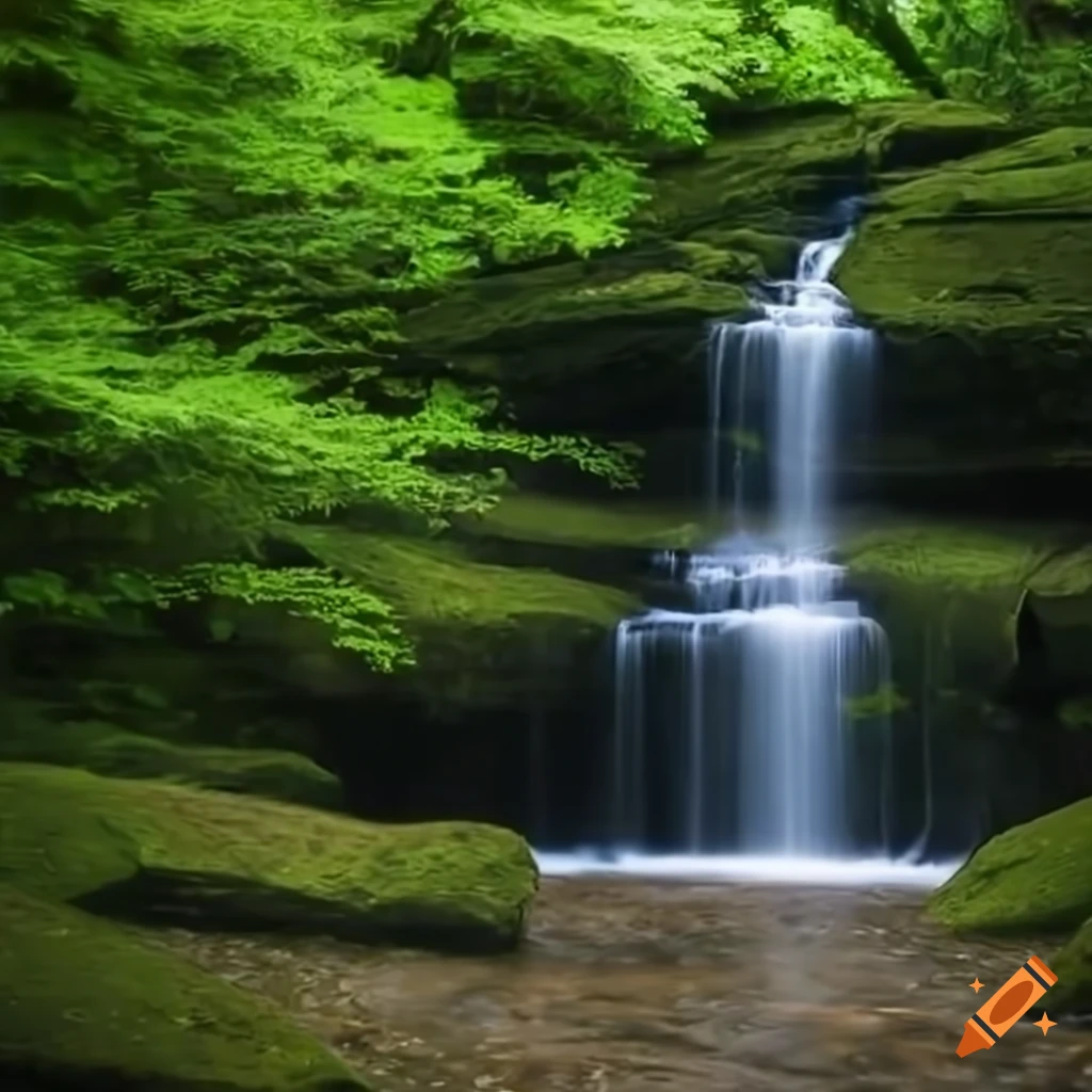 Serene waterfall in a beautiful forest on Craiyon