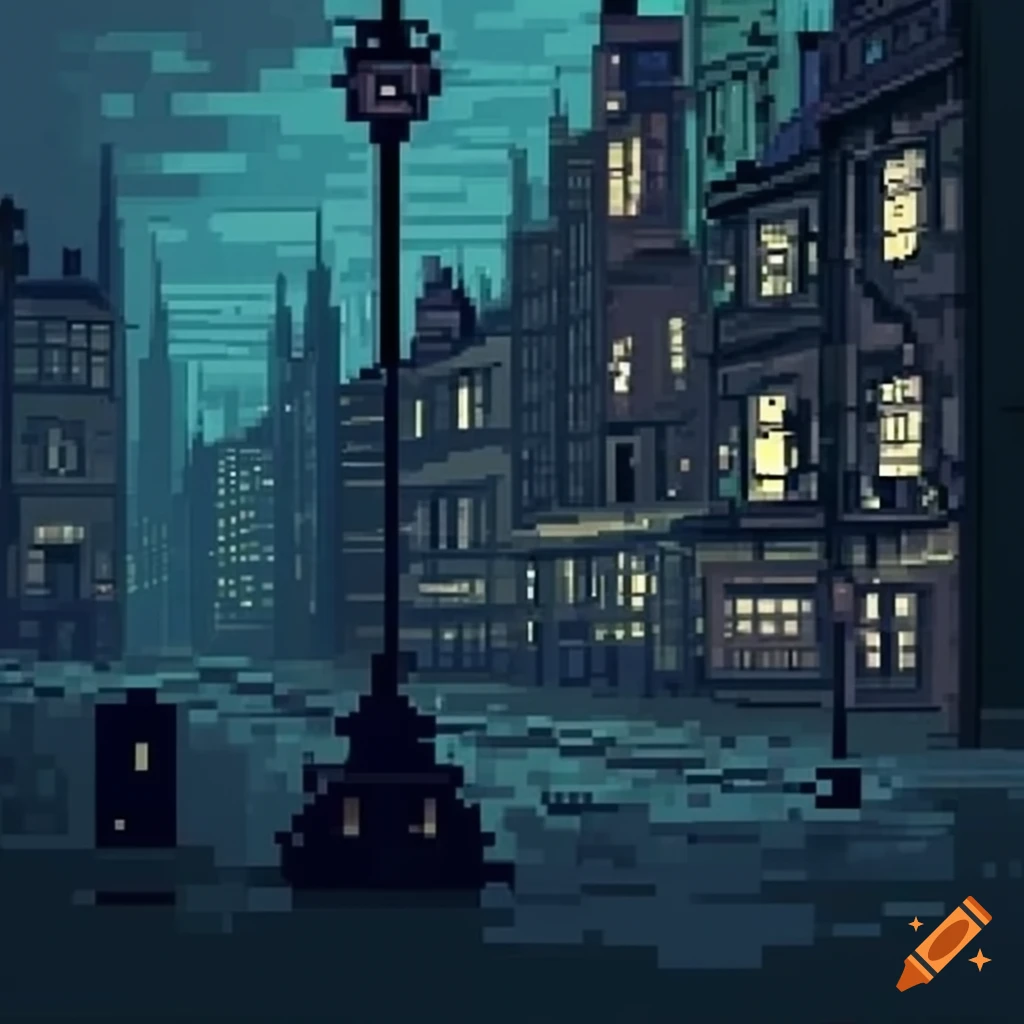 Pixel art of a gloomy victorian city at night on Craiyon